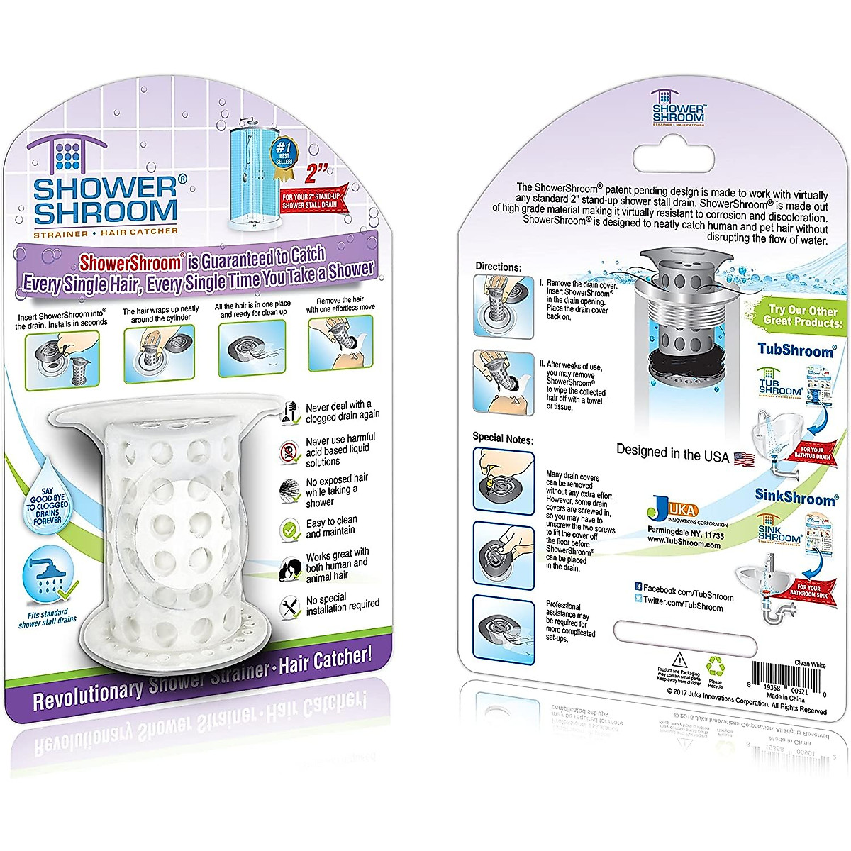 ShowerShroom The Revolutionary 2" Stand-Up Shower Stall Drain Protector Hair Catcher/Strainer, White