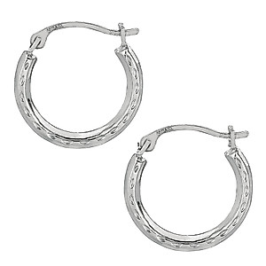 10k White Gold Shiny Diamond Cut Round Hoop Earrings, Diameter 15mm