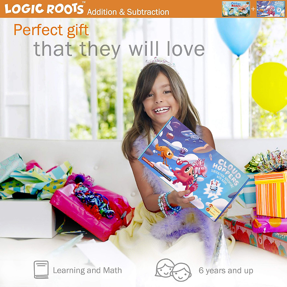 Logic Roots Addition and Subtraction Games - Pack of 2, Ocean Raiders and Cloud Hoppers, Math Board Games & STEM Toys for 6-8 Year Olds, Educational Gift for Kids, Homeschoolers, Kindergarten and Up
