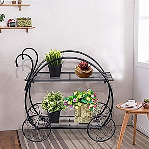 aboxoo Two-Tiered Garden Cart Metal Plant Stand, Succulent Flower Pot Holder Display Shelf for Indoor Outdoor Home Patio Garden Flower Shop, Parisian Style Plant Potted Rack(Black)