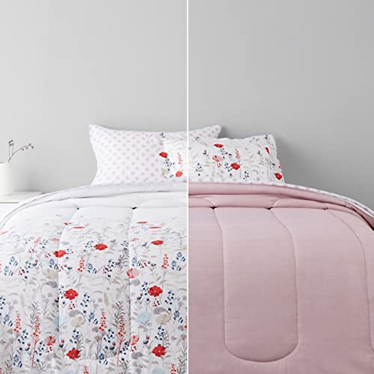 Amazon Basics Ultra-Soft Lightweight Reversible Microfiber Comforter Bed-in-a-Bag, 5-Piece Set, Twin/Twin XL, Pink Floral