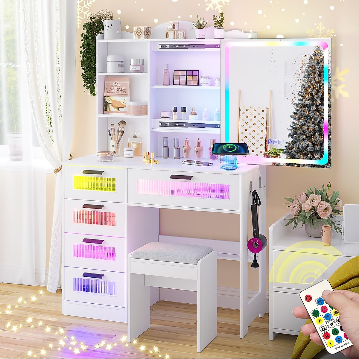 FOMNEY RGB LED Vanity Desk with Mirror and Lights, Makeup Vanity Desk with 3-in-1 Charging Station, Vanity Set with Stool＆Sliding Touch Mirror, Makeup Dressing Table with 5 Drawers (White)