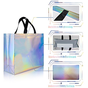 cabzymx Iridescent Glossy Gift Bags 15 pcs, 12.6x4.7x11 In Non-woven Reusable Goodie Bags Bulk, with Black Handles & Sturdy Base, Christmas Gift Bags for Birthday, Wedding, Easter, Holiday Party