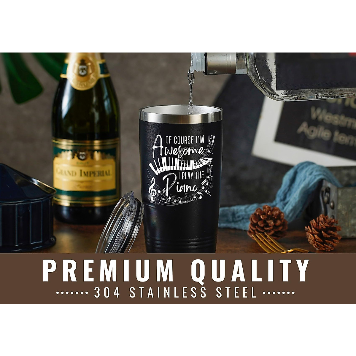 Onebttl Piano Gifts for Piano Players for Men, Women, Piano Teacher and Piano Lovers, 20oz/590ml Stainless Steel Insulated Tumbler Coffee Mug with Straw & Lid - I Play the Piano