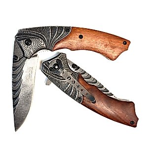 GOLDENSUN Stone washed stainless steel wood handle folding knife retro embossed GLX228WZ