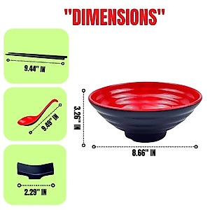 ROHGAN, Set of 4 (20 Pcs) Ramen Bowls with chopsticks - 32 OZ with Melamine Bowls & Spoons Complete Dinnerware Set with Chopsticks & Holders- Japanese style Naruto Ramen Bowl and Asian Soup Spoons