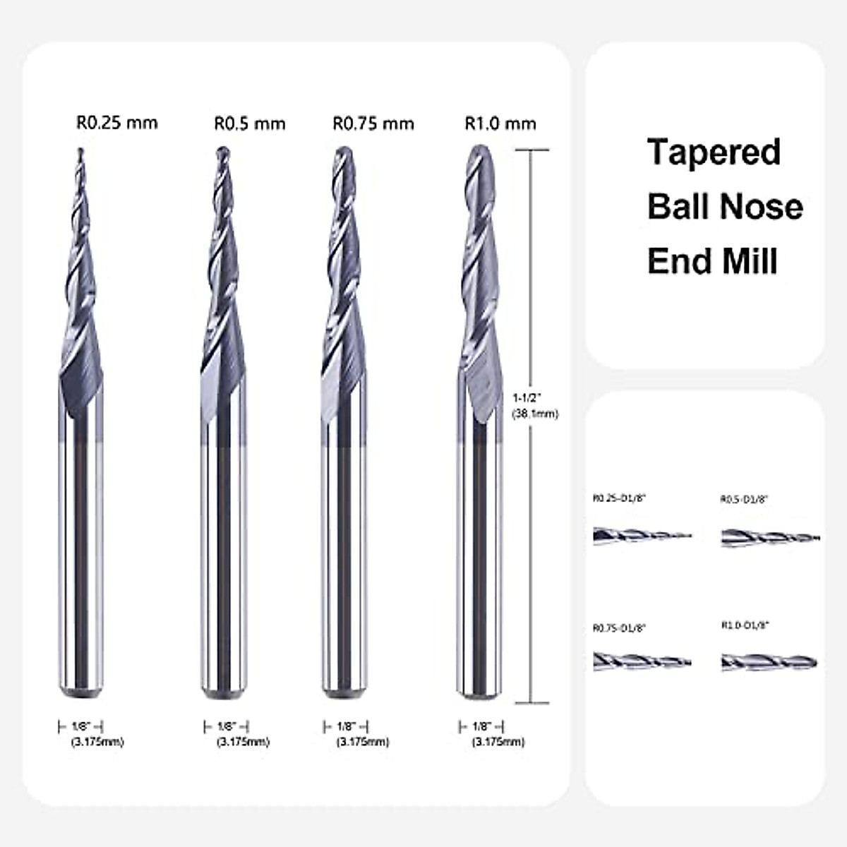 SpeTool 4Pcs/Pack Assorted R0.25~1.0 Tip 1/8" Tapered End Mill Cone Ball Nose Carbide Bit CNC Cutter for Carving Engraving