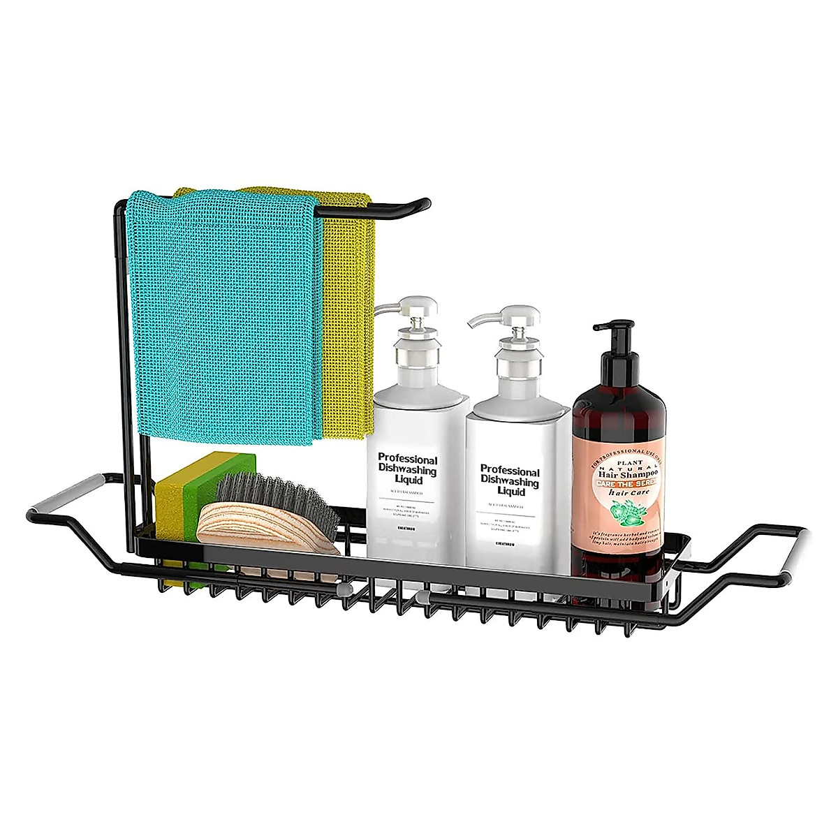 Sink Caddy, Expandable Kitchen Sink Organizer,Stainless Steel Sponge Holder for Kitchen Sink,Over Sink Kitchen Caddy with Dishcloth Towel Holder,Telescopic Sink Rack for Soap,Scrubber Brush (Black)