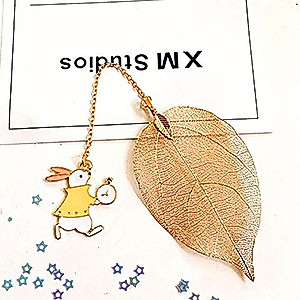 Metal Bookmarks, Buery Handmade Bookmark Cute Leaf Vein Bookmarks with Rabbit Pendant, Golden Bookmark Gift for Kids Adults Bookworms (Rabbit)