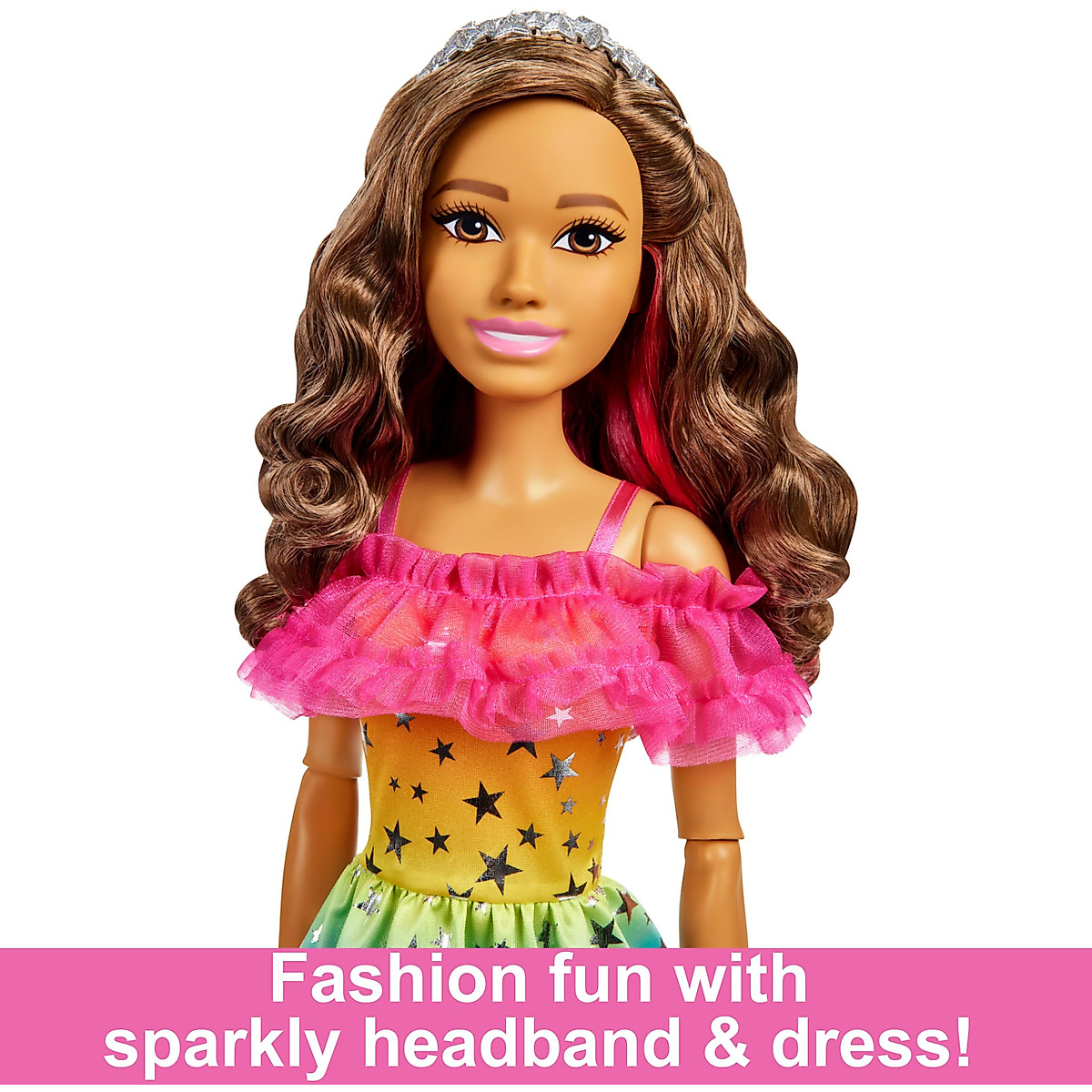Barbie Large Doll with Brown Hair, 28 Inches Tall with Rainbow Dress & Styling Accessories Like Shooting Star Handbag