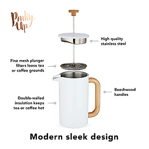 Pinky Up Martha Double Walled Stainless Steel Press Pot Tea and Coffee Maker, Loose Leaf Tea Accessories French Press Brewer, 34 Oz, Set of 1,White