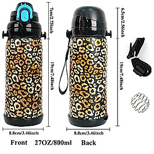 27 OZ Vacuum Insulated Water Bottle with 2 Lids, Stainless Steel Leak Proof Insulated Cup with Strap Keep Drinks Hot and Cold Long Hours for Women, Leopard Metal Water Bottles for School Sports