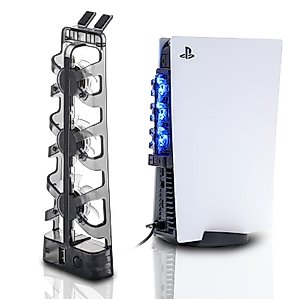PS5 Cooling Fans, PS5 Cooling Fan Horizontal Compatible with PlayStation 5 Disc & Digital Edition Console, Include Fan Light, Fan Switch and USB Output Port (NOT for PS5 Slim)
