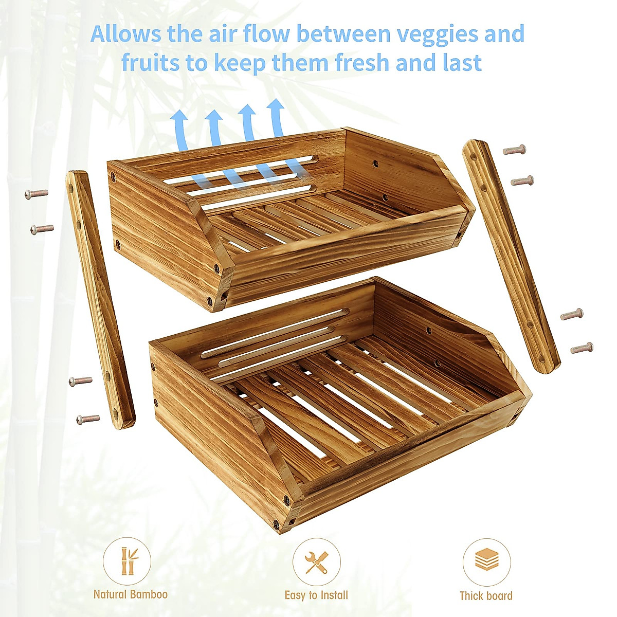 G.a HOMEFAVOR Fruit Basket: 2-Tier Pine Wood Fruit Bowl for Kitchen, Fruit Stand Storage Holder for Vegetables and Snack Home Kitchen Countertop Organizer (Self-assembly)