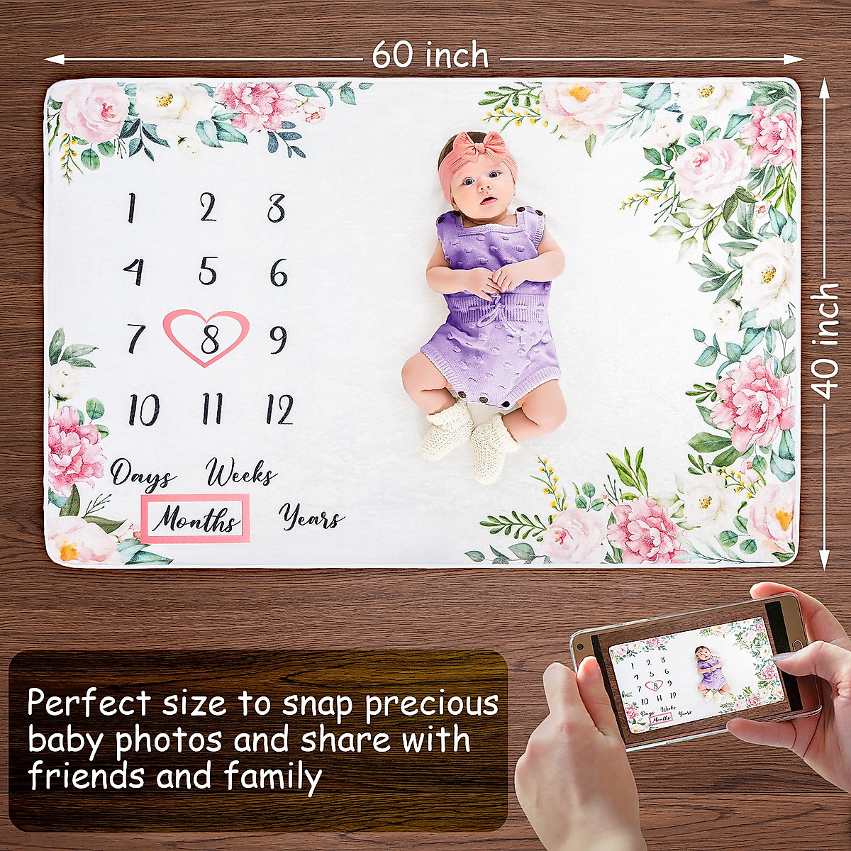 Baby Monthly Milestone Blanket - Personalized Newborn Growth Chart - Customized Soft Fleece Photography Background - Includes Premium Heart, Frame and Pink Bow Headband. 60" X 40"