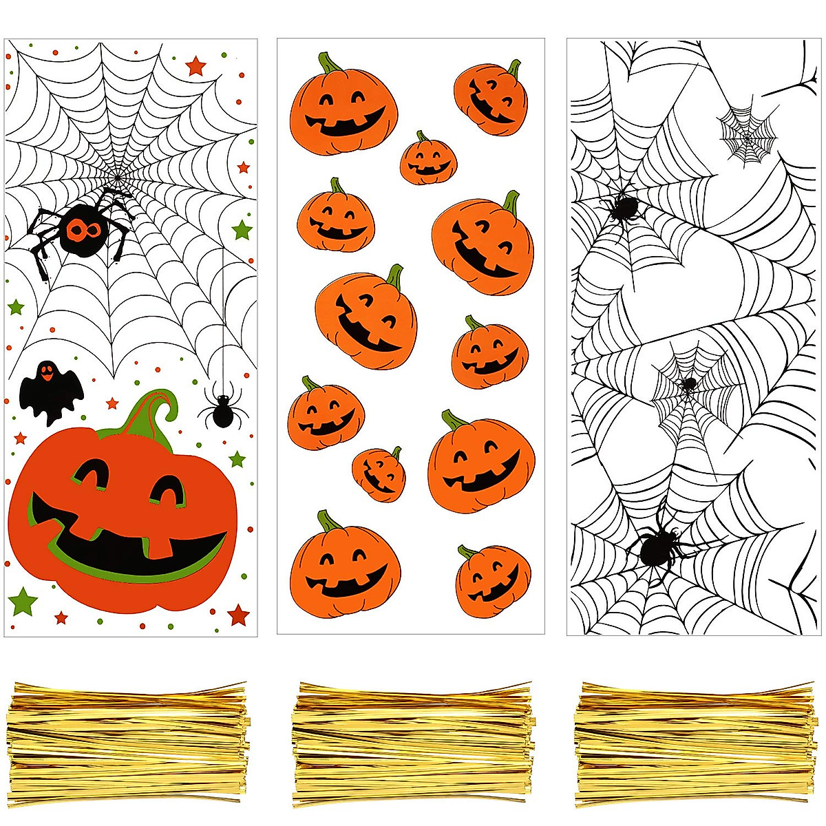 Boao 150 Pcs Halloween Cellophane Treat Bags Clear Plastic Candy Bags with 150 Twist Ties 11 Inch Pumpkin Spider Web Halloween Goodie Bags for for Snacks Cookies Gift Kids Halloween Party Favor