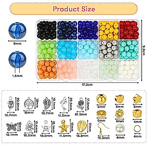 8mm Glass Beads for Jewelry Making, 15 Colors Crystal Round Gemstone Stone Beads, 375 Pcs DIY Craft Bead Bracelet Making Kit with 12 Styles Accessories Spacer Beads for Earrings Necklaces Rings