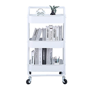 3-Tier Metal Mesh Rolling Cart Storage Organizer with Utility Handle and Wheels, White