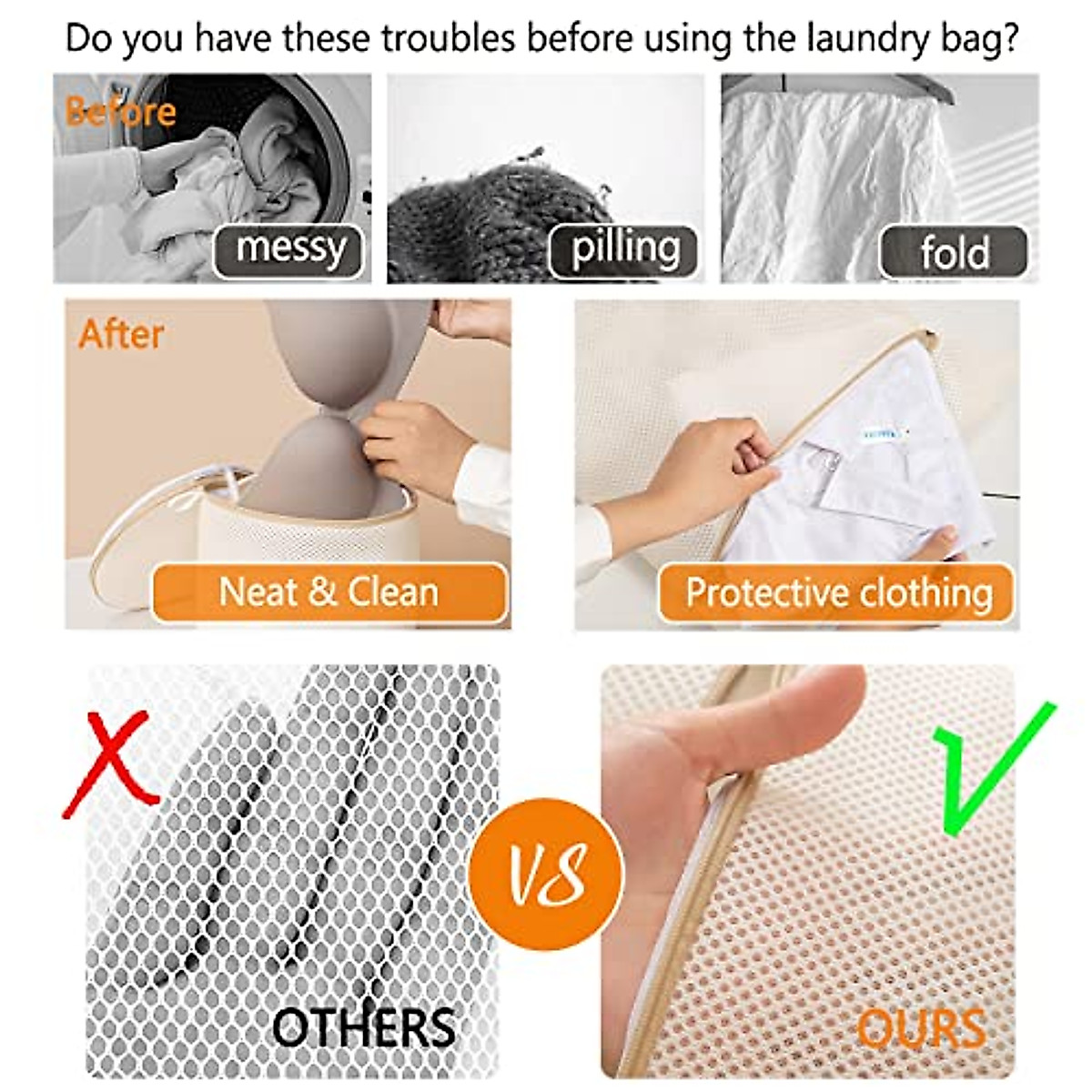 Mesh Laundry Bags for Delicates,Delicates Bag for Washing Machine,Lingerie Bags for Washing Delicates 6 Pack Wash bags for Bar, Socks, Coats, Dresses, Jeans, Shirts(White)
