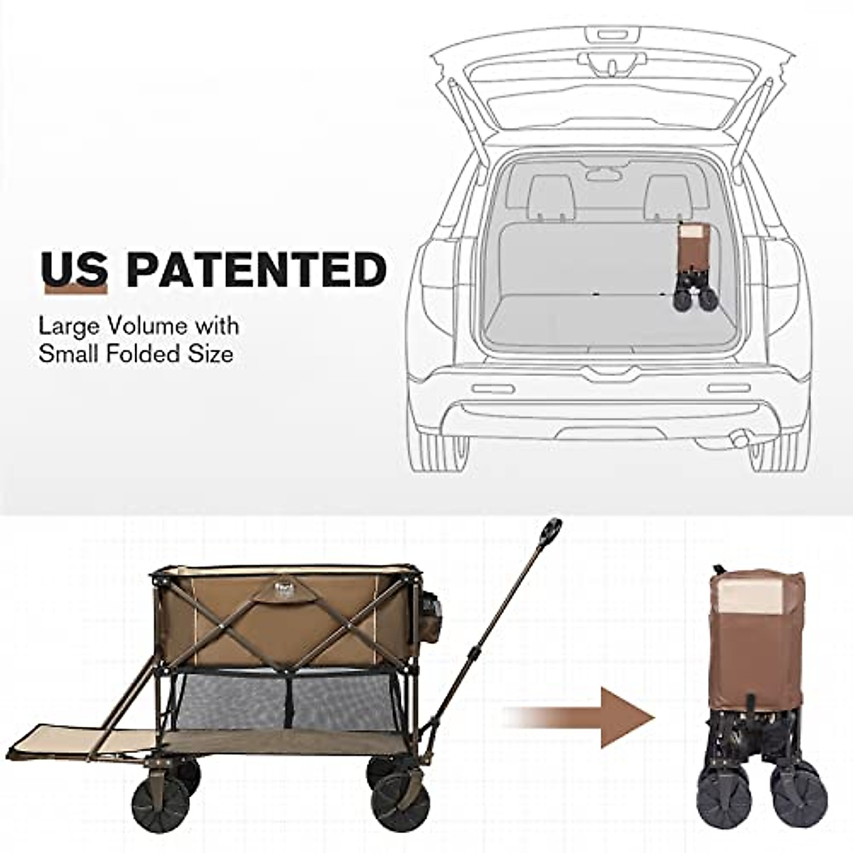 TIMBER RIDGE Folding Double Decker Wagon, Heavy Duty Collapsible Wagon Cart with 54" Lower Decker, All-Terrain Big Wheels for Camping, Sports, Shopping, Garden and Beach, Support Up to 225lbs, Brown