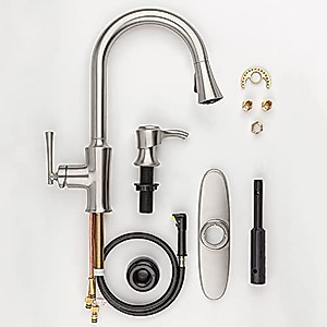 Pfister Antrom Kitchen Faucet with Pull Down Sprayer and Soap Dispenser, Single Handle, High Arc, Spot Defense Stainless Steel Finish, F5297AOGS