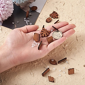 Pandahall 16 Pairs Wood Stud Earring Findings with Hole Flat Round Oval Teardrop Rhombus Wood Stud Earring with Ear Nuts for DIY Wooden Earrings Making