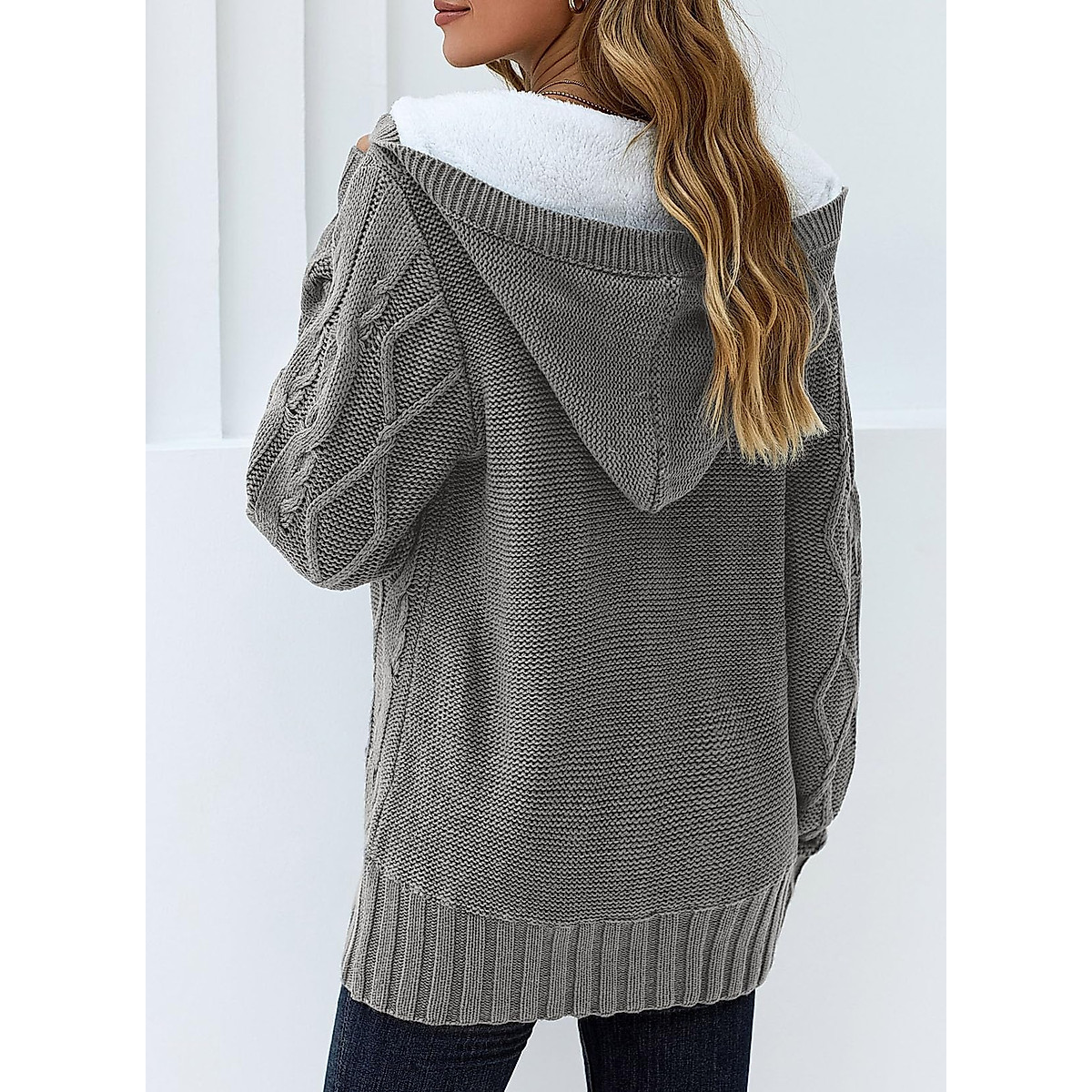 Dokotoo Womens Winter Fashion Ladies Cozy Faux Fur Hooded Casual Cardigans Sweaters Button Open Front Long Sleeve Cable Knit Sweater Fleece Coat Outerwear with Pockets Grey Medium