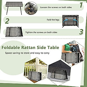 HAPPYGRILL Outdoor Folding Rattan Side Table, Rectangular Wicker End Table for Outdoor Furniture, Wicker Coffee Table for Patio Poolside Lawn Garden Patio