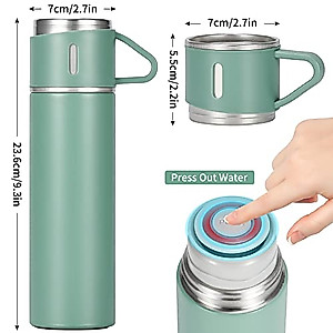 MUCR 500ml/17 OZ Stainless Steel Coffee Thermo Vacuum Flask Set, Insulated Water Bottle with Three Cup for Hot and Cold Drinks, Green