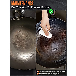 BrBrGo Carbon Steel Wok Pan, 5 Piece Authentic Chinese Wok & Stir-Fry Pans Set with Wooden Lid, No Chemical Coated Flat Bottom Chinese Woks Pan for All Stoves-13“