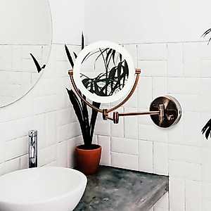 Ovente 7.5" Lighted Wall Mount Makeup Mirror, 1X & 10X Magnifier, Spinning Double Sided Round LED w/ Dimmer Switch, Extend, Retractable & Folding Arm, Battery USB Powered Antique Brass MLW75AB1X10X