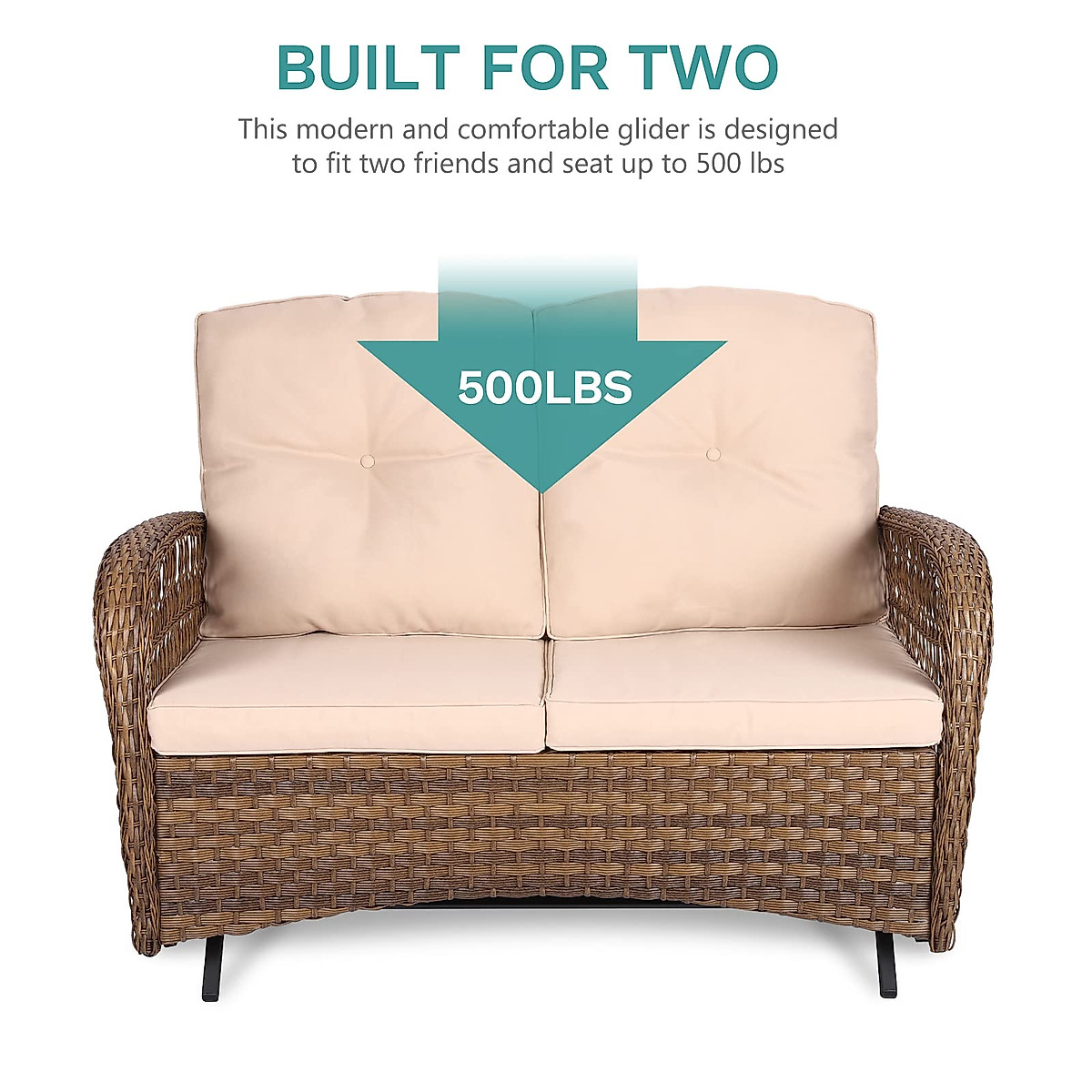 MEETWARM 5 Pieces Outdoor Patio Rattan Furniture Sets, All Weather Patio Wicker Conversation Set - 2 Rocking Swivel Chairs 1 Rattan Loveseat Glider with Cushions, 2 Glass-Top Coffee Table, Beige