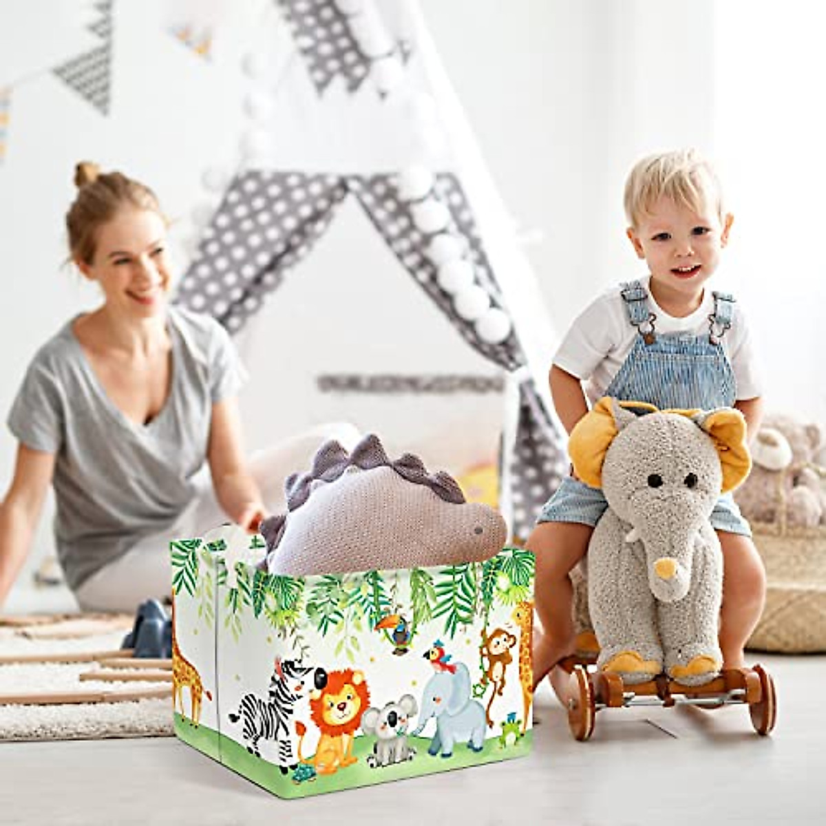 Clastyle Friendly Animals Party Nursery Storage Bins for Toys Books Rectangle Elephant Koala Monkey Safari Storage Basket Kids Collapsible Baby Gift Baskets for Bedroom, 15.7 * 11.8 * 11.8 in