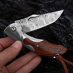 SPIRIT DEED Damascus Pocket Knife for Men,Handmade 3.4in Sharp Blade,Damascus Steel and Rosewood handel EDC,Leather Sheath Outdoor Survival Tool for Hunting
