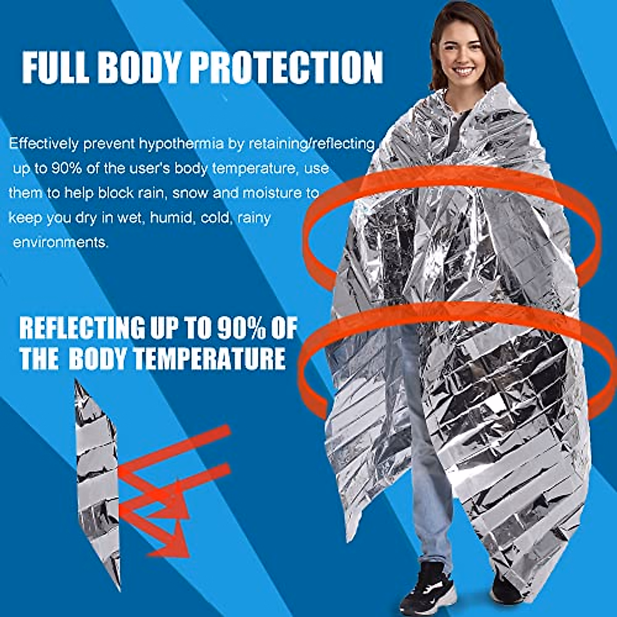 RAINPOH Emergency Mylar Thermal Blanket 82 * 64 in(10 Pack), Gigantic Space Blanket, Survival Blankets Heavy Duty Camping Gear, First Aid, Silver