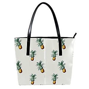 Women Tote Shoulder Bag, Seamless Pineapple Pattern Leather Work Handbag with Zipper for Teens College Students