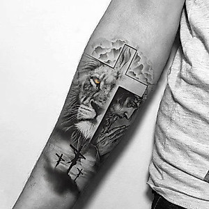 Oottati 2 Sheets Realistic Animal Temporary Tattoos Stickers Forest Lion Jesus Cross Old School Designs For Men Waterproof Arm Leg Fake Body Art, Gym & Parties Bold Masculine Decals