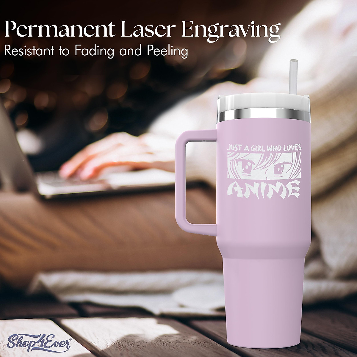 shop4ever Just A Girl Who Loves Anime Engraved Insulated Stainless Steel Tumbler with Handle, Lid, and Straw 40 oz. Anime Fans Anime Lovers Birthday Gift (Lavender)