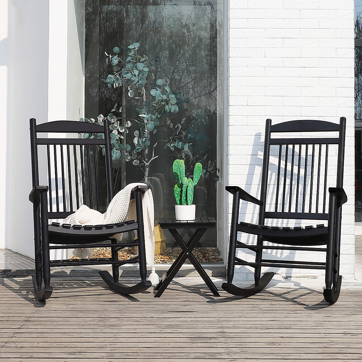 VEIKOU Rocking Chair, Set of 3 Outdoor Rocking Chair with Side Table,275Lbs Weight Capacity,Wooden Rocking Chair for Porch, Backyard, Indoor, Black