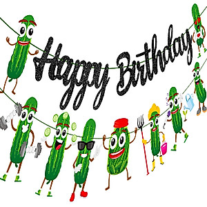 Funny Pickle Birthday Party Decorations Black Happy Birthday Banner Green Pickle Cucumber Theme Garland Cute Cucumber Birthday Banner Decorations for Kind of a Big Dill Party Baby Shower Supplies