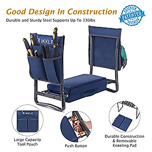 Garden Kneeler Seat and Bench Heavy Duty (Hold 330lbs-150kg), Upgraded Thicker & Wider Soft Detachable Kneeling Pad, Garden Kneeler & Stool with 2 Tool Pouches, Garden Gift for Women & Men, Navy Blue