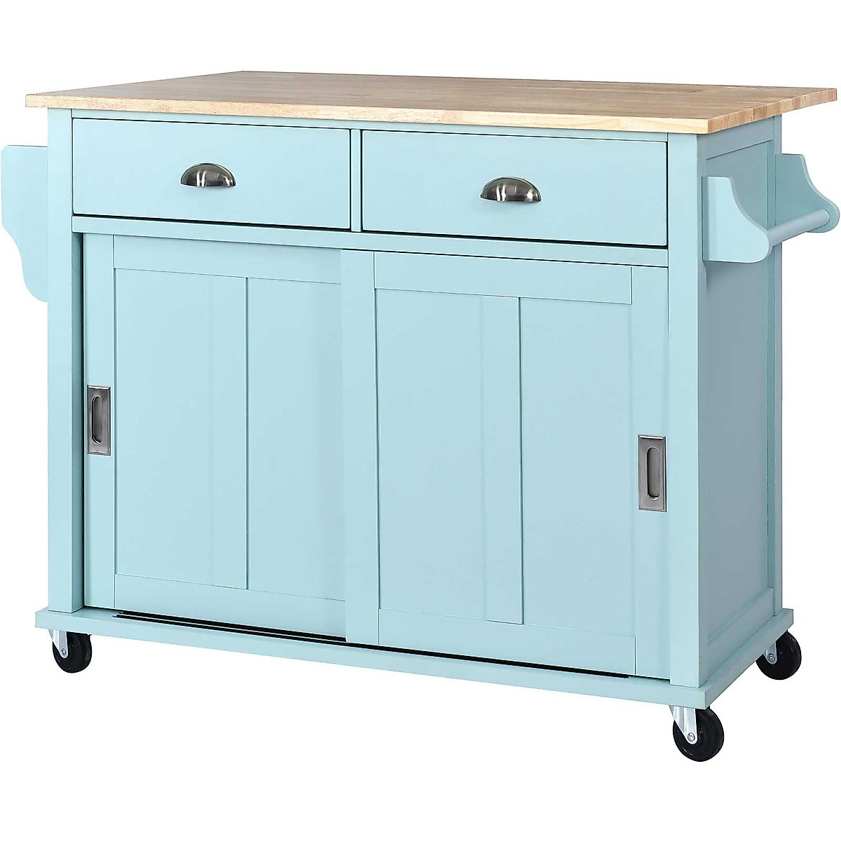 Appot Kitchen Cart with Rubber Wood Drop-Leaf Countertop, Concealed Sliding barn Door Adjustable Height,Kitchen Island on 4 Wheels with Storage Cabinet and 2 Drawers