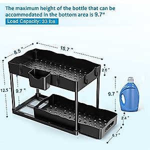 Under Sink Organizer, 2-Tier Sliding Under Sink Organizers and Storage Black, Multi-purpose Under Cabinet Storage for Kitchen Bathroom with Hooks, Hanging Cup, 2 pack