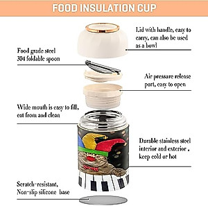 CUPADA Cat Musician Cute Food Jar, Clown Hats Color Insulated Hot Food Jars Vacuum 17OZ with Folding Spoon for Work Trip Picnic Camping