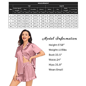SWOMOG Women's Silk Satin Pajamas Set Short Sleeve Button Down Sleepwear Ruffle Hem Shorts PJ Sets Two-Piece Bride Loungewear Misty Rose