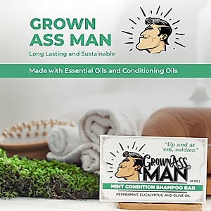 Grown Ass Man Co. - Solid Shampoo Bar Rich Lather 3 in 1: Hair, Beard & Body Wash - Plastic Free & Eco-Friendly, Natural & Organic Clean for All Hair Types, 4oz Bar (Mint Condition, Single)