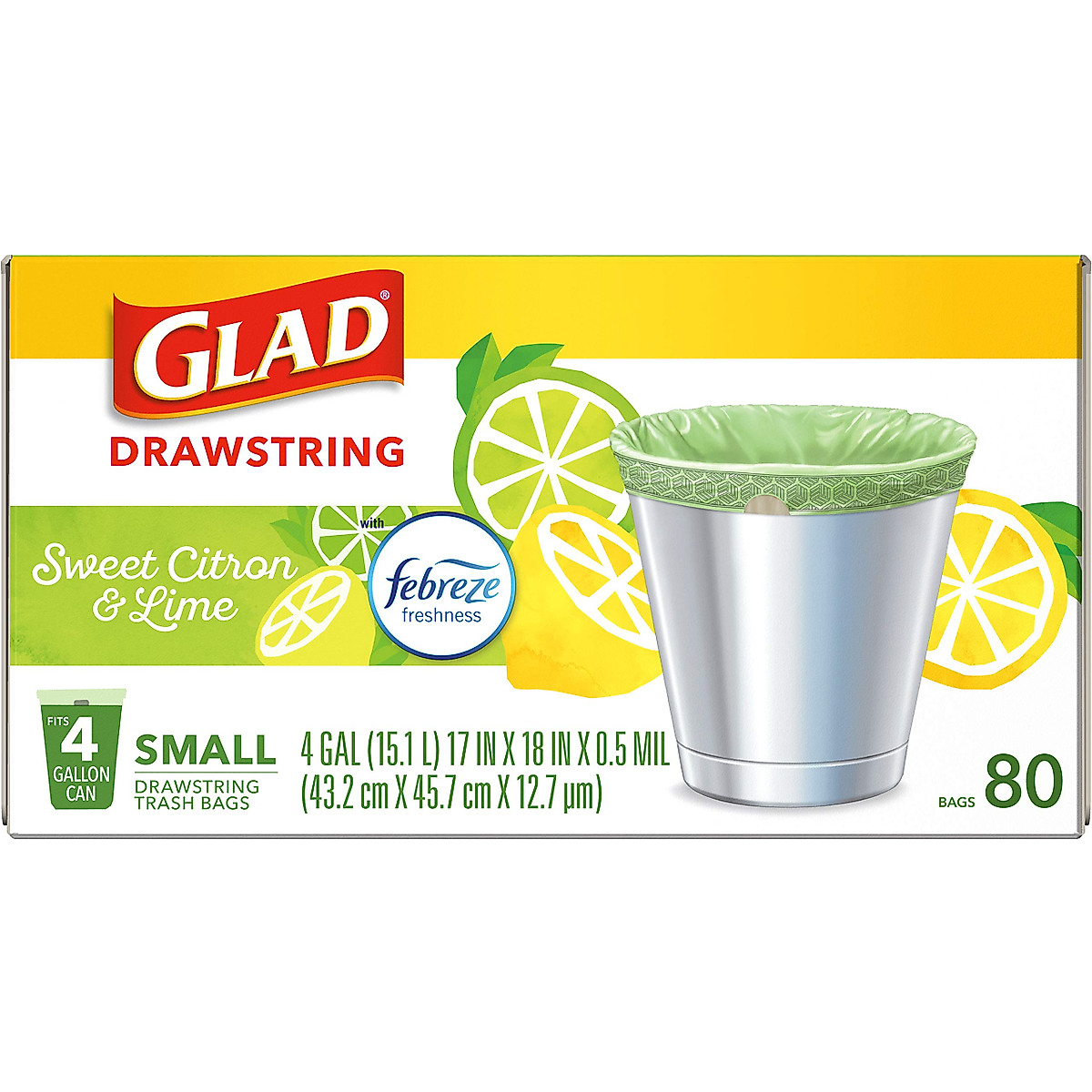 Glad Small Kitchen Drawstring Trash Bags – 4 Gallon Green Trash Bag Febreze , Sweet Citron & Lime, 80 Count (Package May Vary)