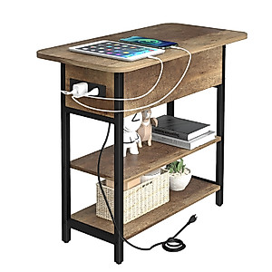 Yoobure End Table with Charging Station, Flip Top Side Table with USB Ports and Outlets, Sofa Couch Table Bedside Table for Living Room Bedroom, Narrow Nightstand with Storage Shelves for Small Space