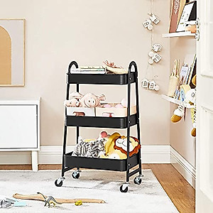 SONGMICS 3-Tier Rolling Cart, Metal Storage Cart, Kitchen Storage Trolley with 2 Brakes and Handles, Utility Cart, Easy Assembly, for Painting Utensils Bedroom Laundry Room, Black UBSC068B01