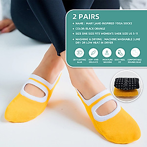 THUMBERLY Yoga Socks Non-Slip with Grips, 2 Pack Pilates Socks for Barre, for Barre, Ballet, Barefoot Workout, Dance Balance Stability Wide Feet Design fits US 5-11 (Black+Orange)